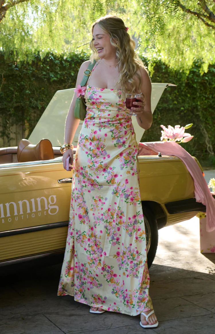 Blaise Yellow Bloom Satin Maxi Dress | Beginning Boutique NZ