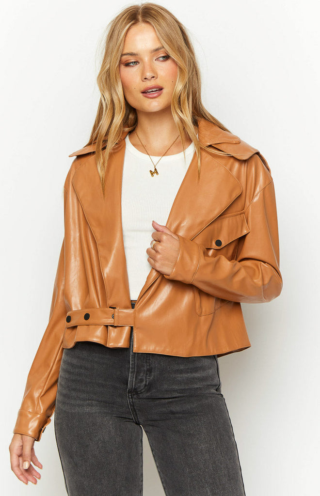 Blaze Bolt Tan PU Leather Jacket – Beginning Boutique NZ