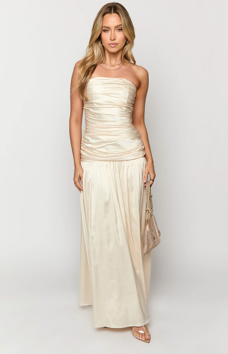 Sinclair Cream Satin Strapless Maxi Dress – Beginning Boutique NZ
